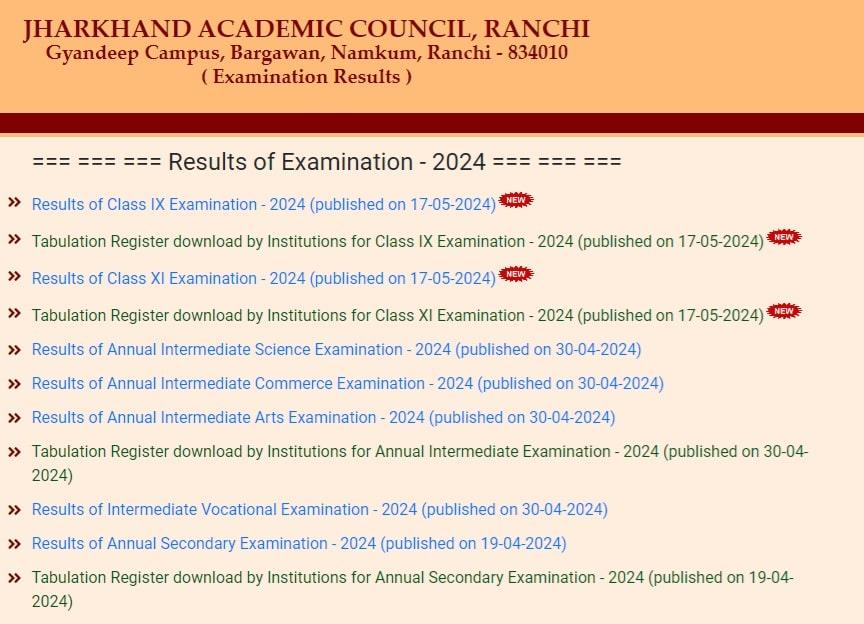 JAC Board Result Link- Jharkhand Board Examination Results